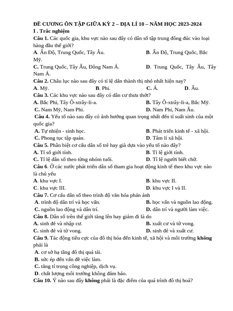 ĐỊA 10 - ĐỀ CƯƠNG GIỮA KỲ 1 .2023-2024 - pham anh | PDF