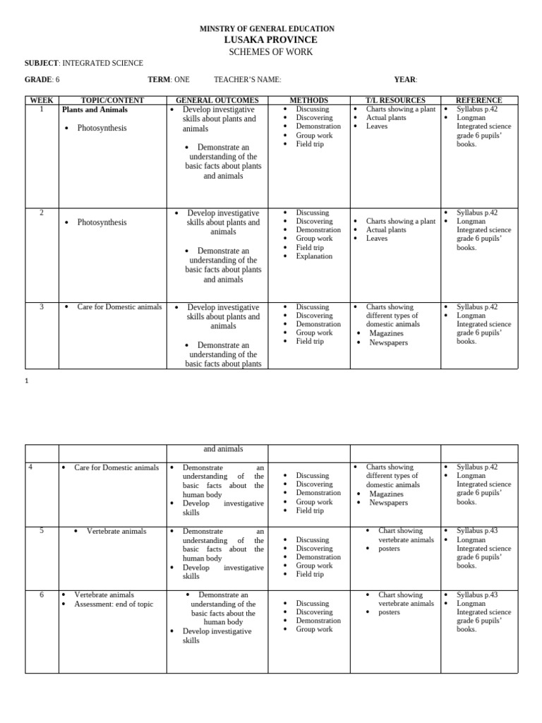 Grade 6 Integrated Science Schemes | PDF | Science | Foods