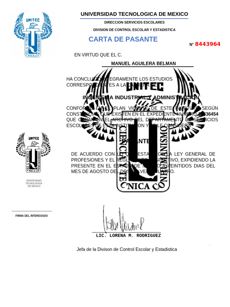 Carta Pasante Unitec | PDF