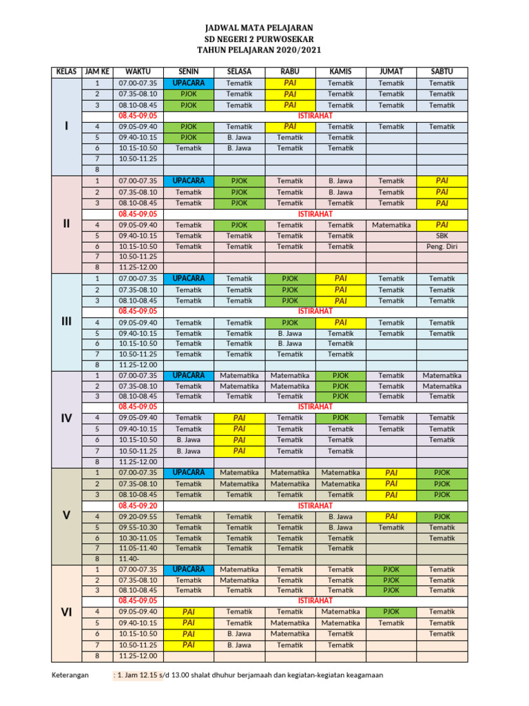 Jadwal Pelajaran 2020-2021 PAI | PDF