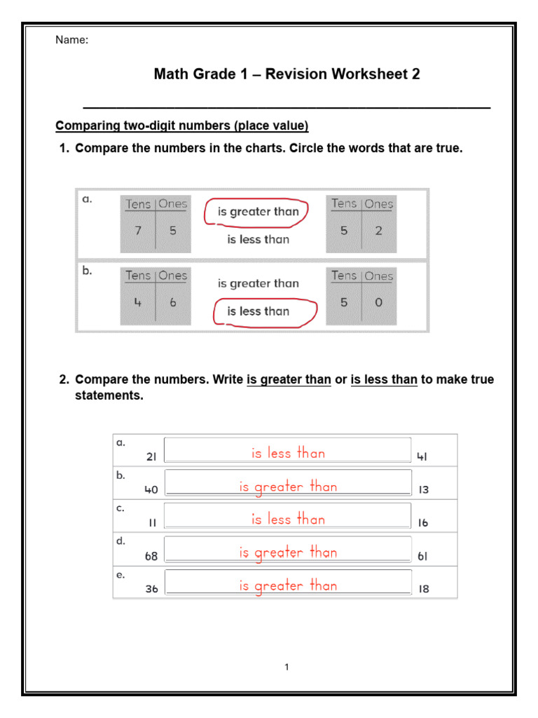 Math Grade 1 - Revision Worksheet 2-Answer Key | PDF