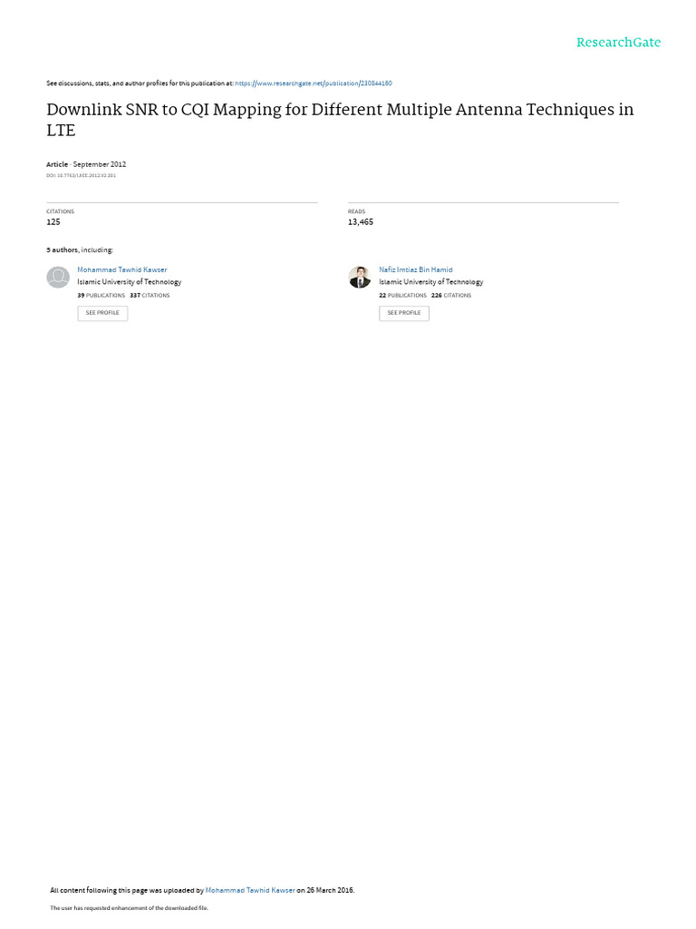 Downlink SNR To CQI Mapping For Different Multiple Antenna Techniques in LTE | PDF