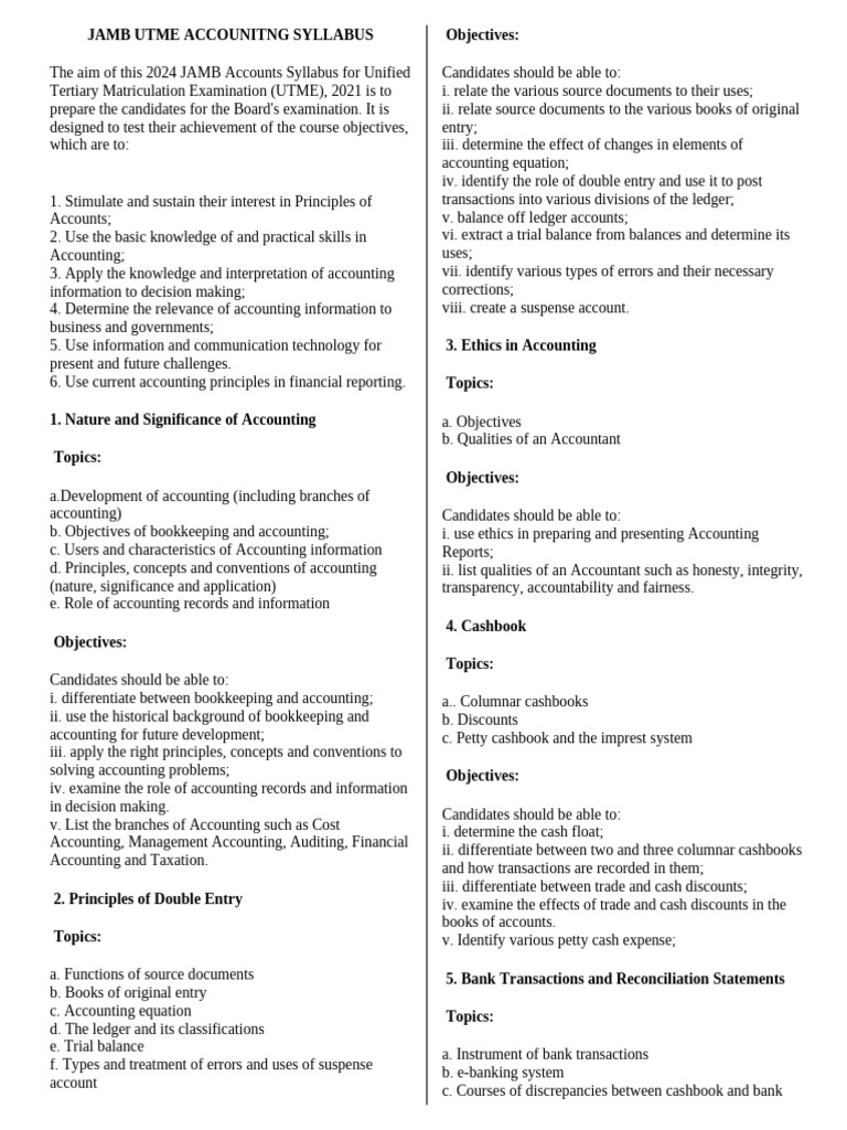 Accounting Jamb Syllabus | PDF