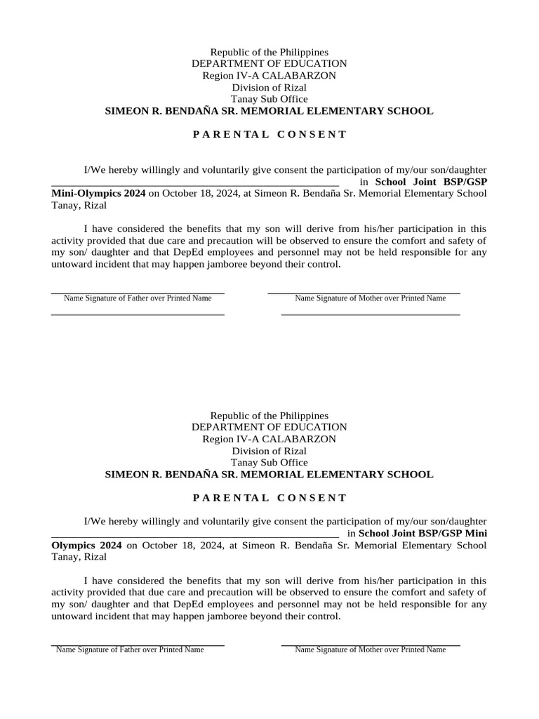 Parental Consent Backyard Mini Olympics | PDF