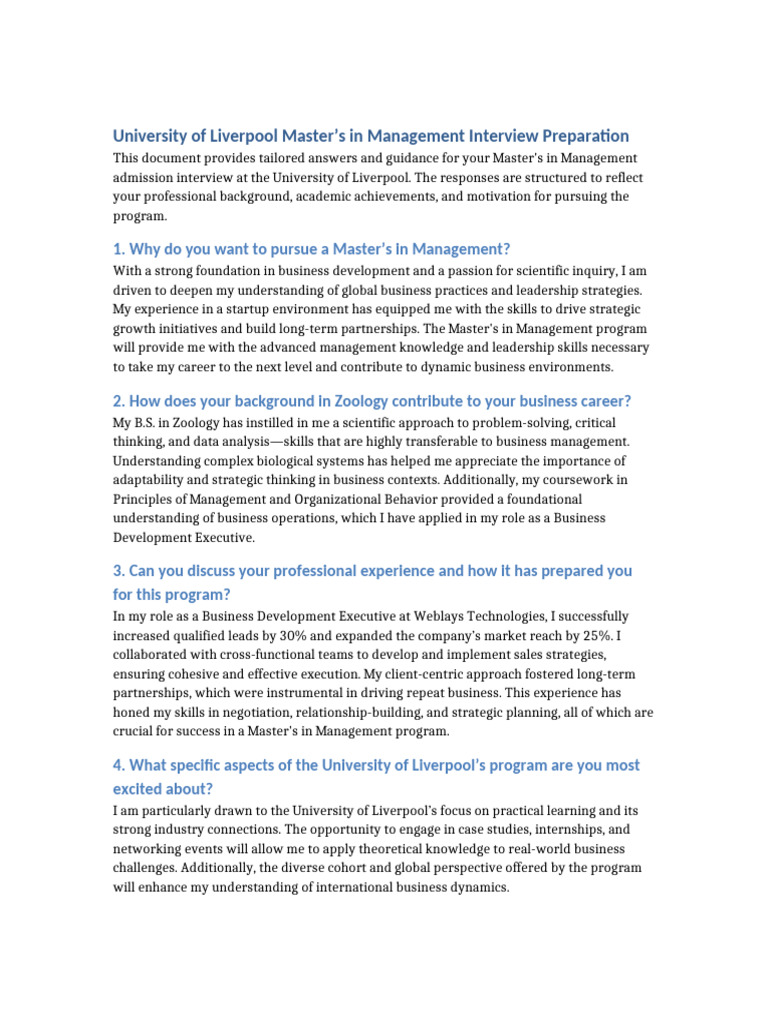 Liverpool Management Interview Preparation Updated | PDF