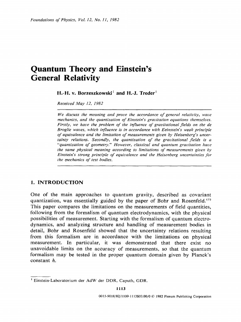 Quantum Theory and Einstein's General Relativity: H.-H. v. Borzeszkowski I and H.-J. Treder | PDF