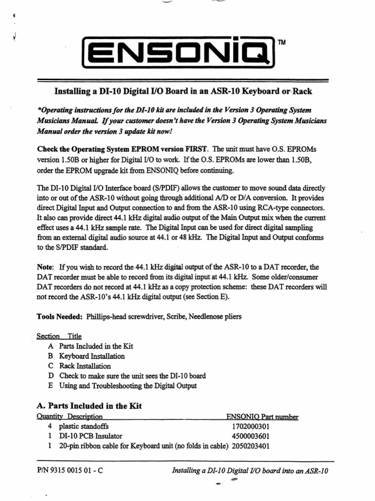 Ensoniq ASR 10 DI-10 Installation Manual | PDF