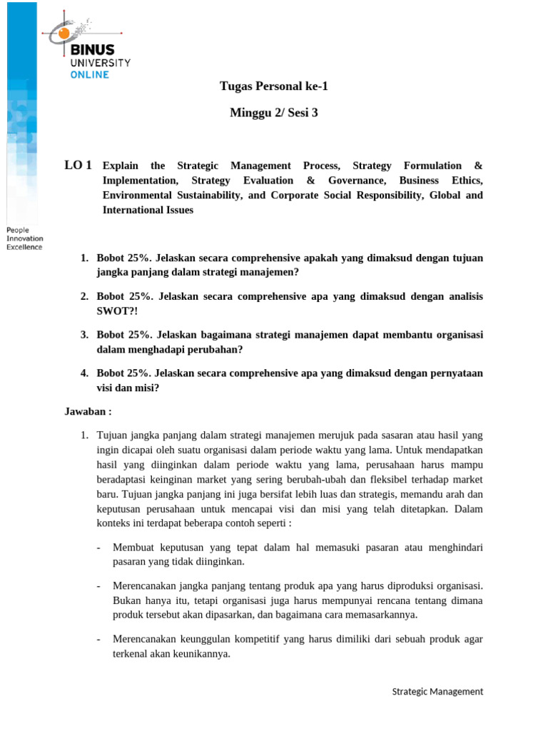 Tugas Personal Ke-1 Minggu 2/ Sesi 3: Strategic Management | PDF