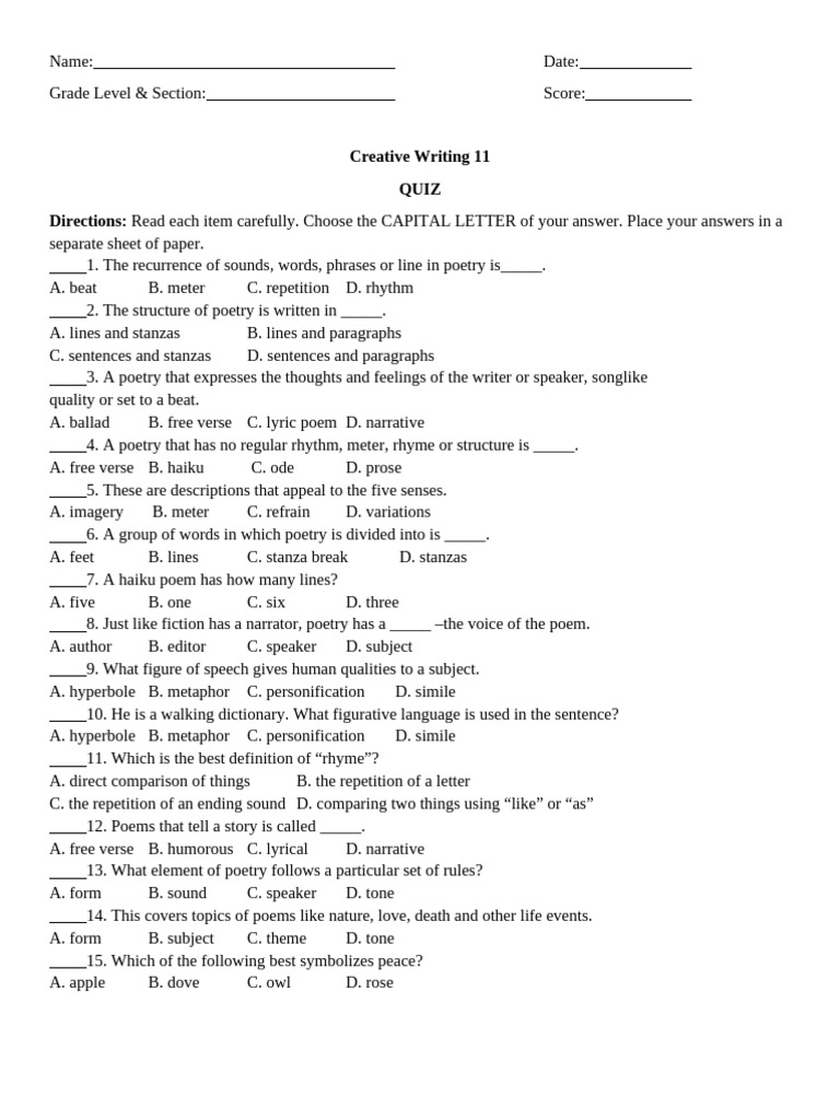 Creative Writing 11 (Quiz) | PDF | Poetry | Poetry