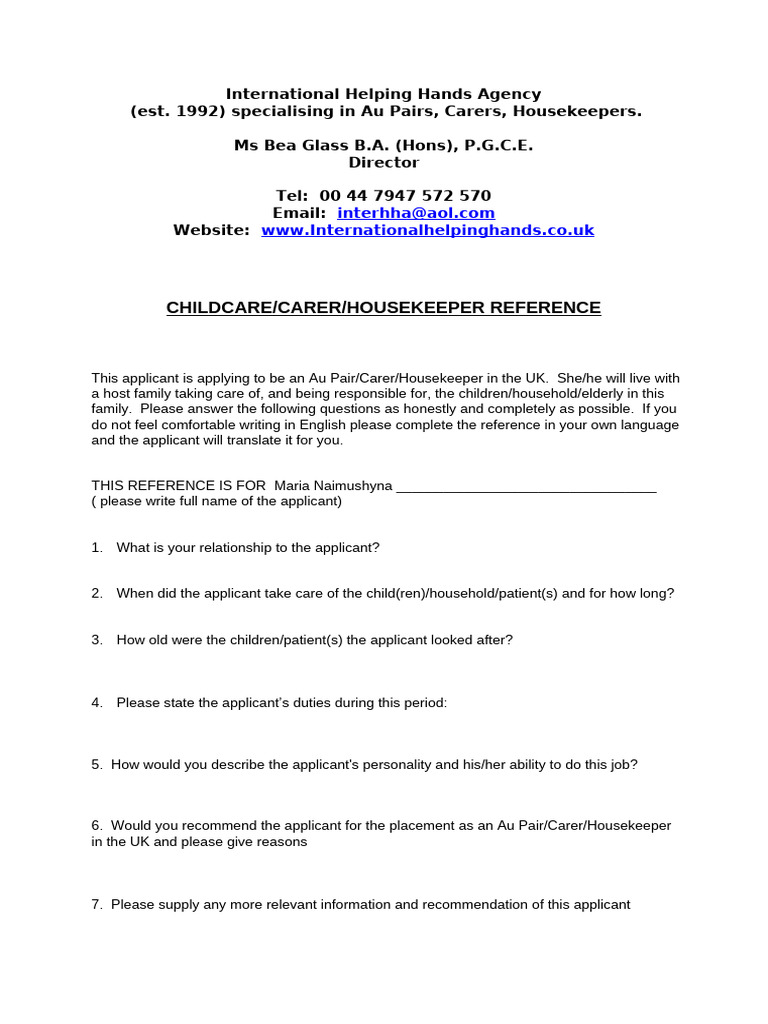 Childcare - Carer - Housekeeper Reference Form (1) (Копия) | PDF