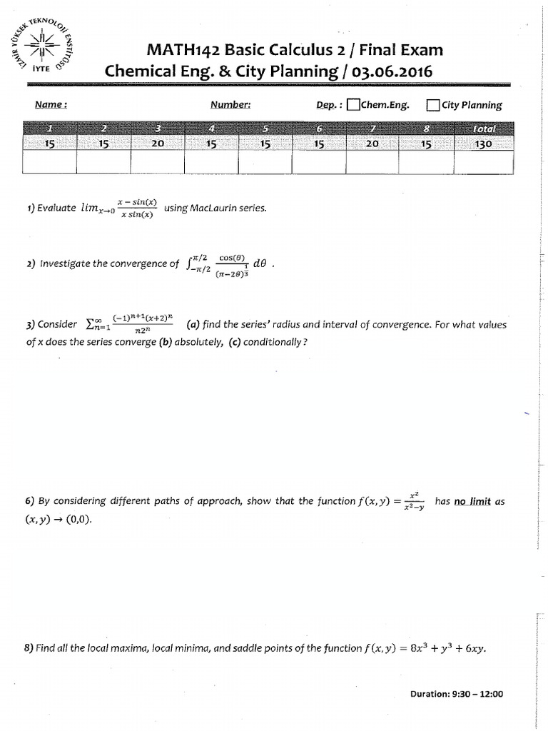 Math 142 Final Exam Solution Key (2016) | PDF