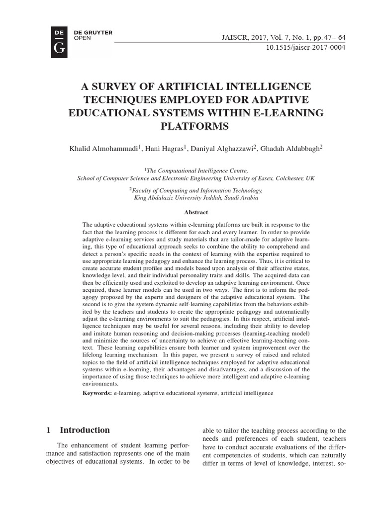 A Survey of Artificial Intelligence Techniques Employed For Adaptive Educational Systems Within ...