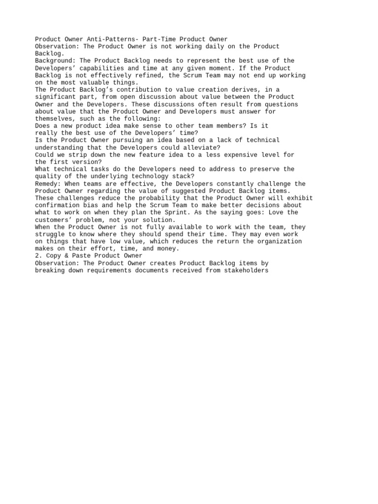 Product Owner Anti-Patterns - Part-Time Product Owner | PDF