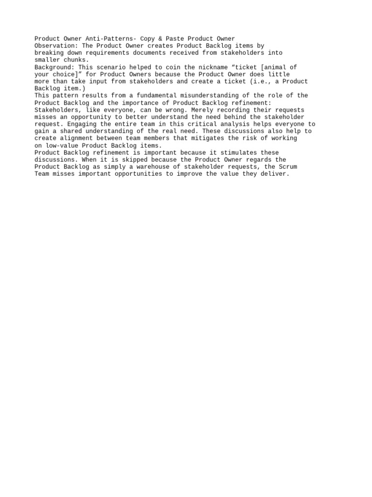 Product Owner Anti-Patterns - Copy Paste Product Owner | PDF