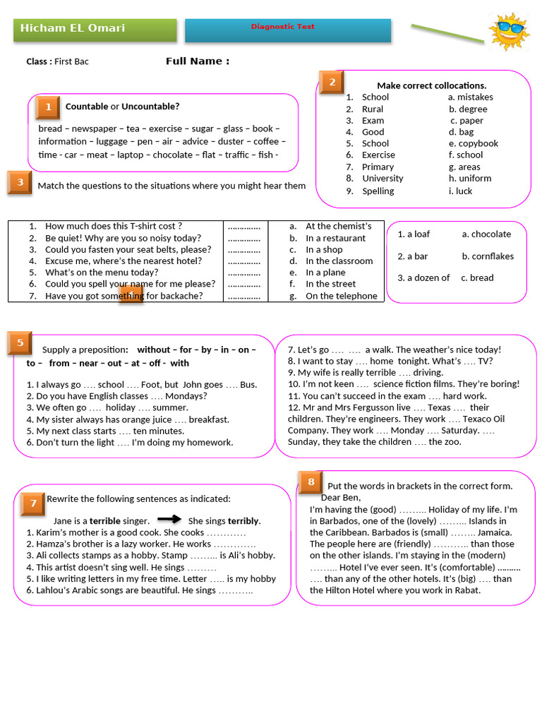 Diagnostic Test 1st bac-12 | PDF