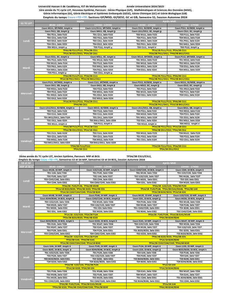 Emplois Du Temps Cours TD TP 24 Tronc Commun LST | PDF