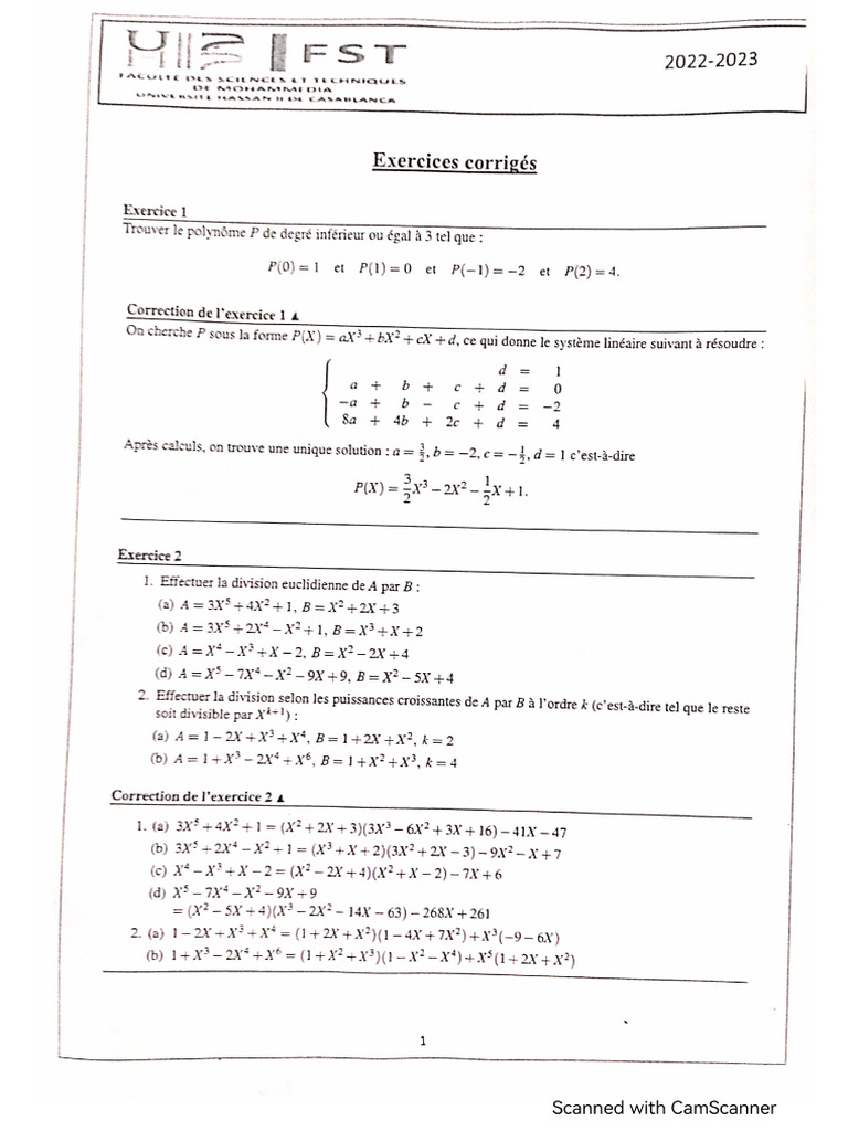 Exercices_Corrigés POLYNÔMES M123 | PDF