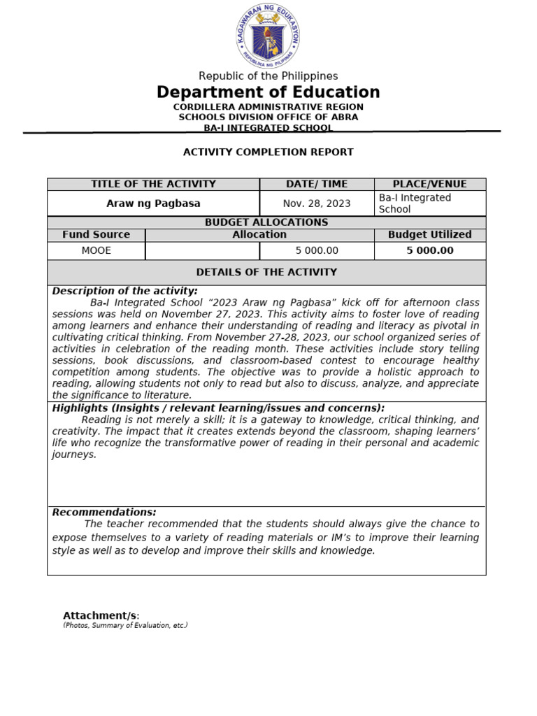 Ba I Is Araw NG Pagbasa - Activity Report - 2023 | PDF