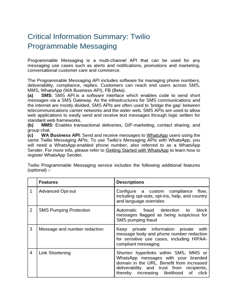 Critical Information Summary Programmable Messaging | PDF