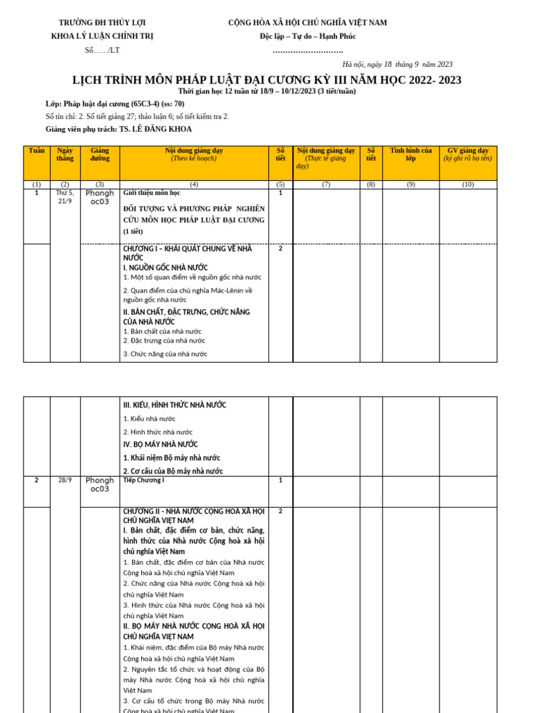 5. Lịch trình PLĐC - 65C3-4 online - Chiều T5 - TS. KHoa | PDF