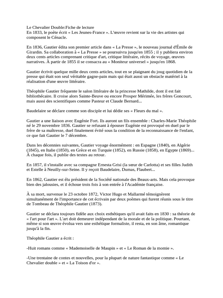 Le Chevalier Double Fiche de Lecture | PDF