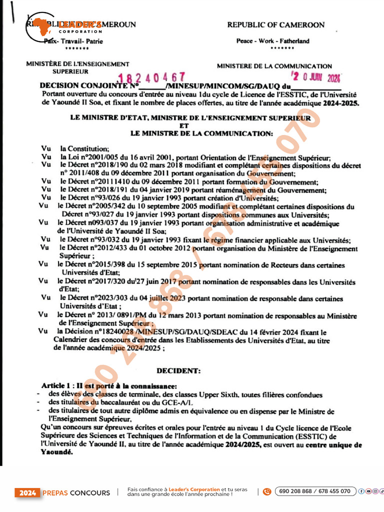 Arreté Concours Esstic 2024 - 2025 | PDF