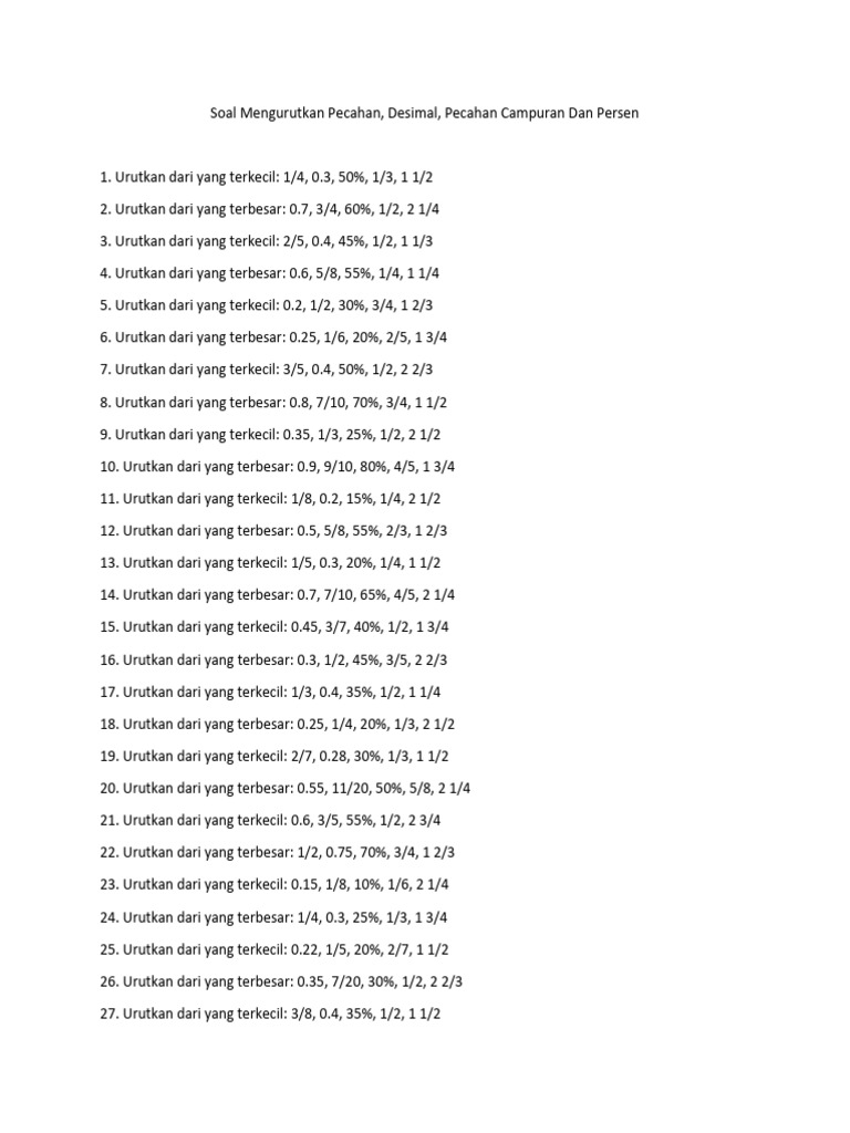 30 Soal Mengurutkan Pecahan | PDF