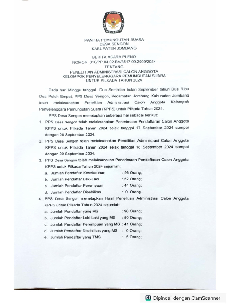 Berita Acara Litmin Calon Anggota Kpps Pilkada 2024 | PDF