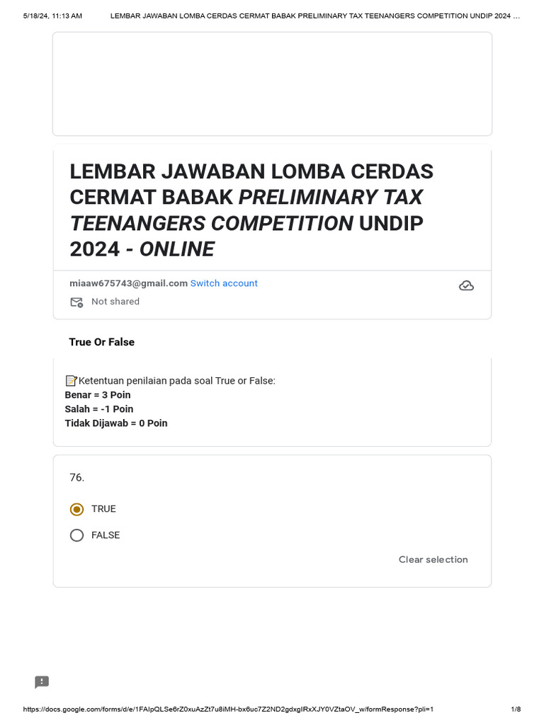 Lembar Jawaban Lomba Cerdas Cermat Babak Preliminary Tax Teenangers Competition Undip 2024 ...