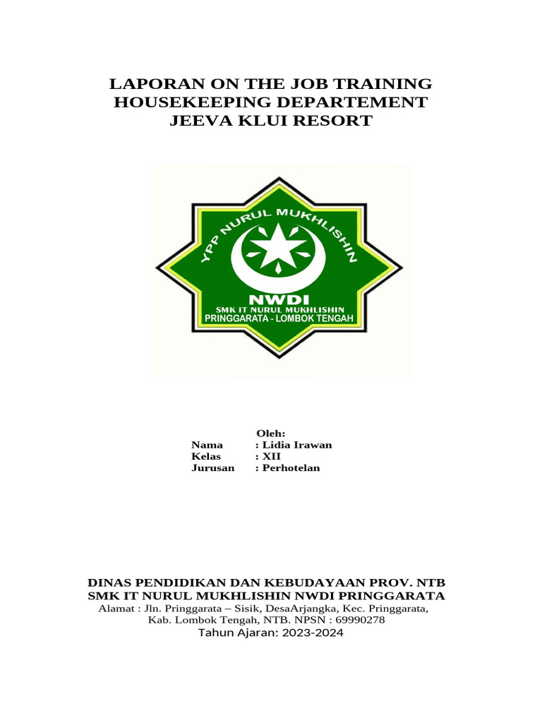 Laporan On The Job Training Housekeeping Departement Jeeva Klui Resort | PDF