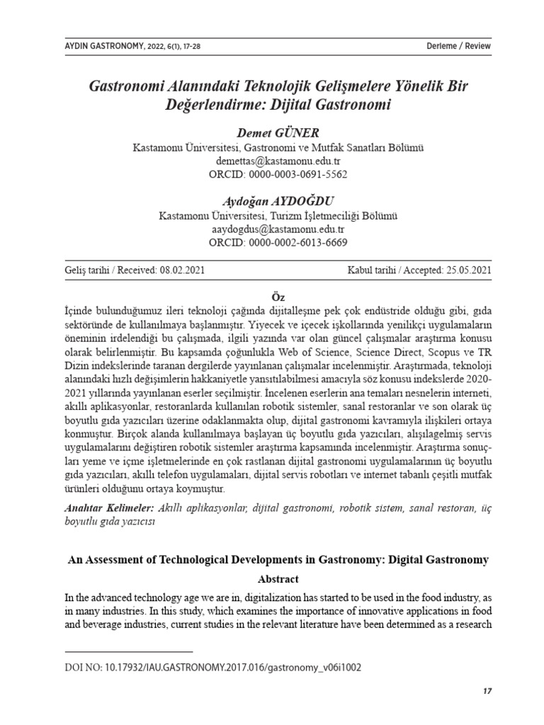 Gastronomi Alan - Ndaki Teknolojik Geli - Melere Y - Nelik Bir de - Erlendirme - Dijital ...