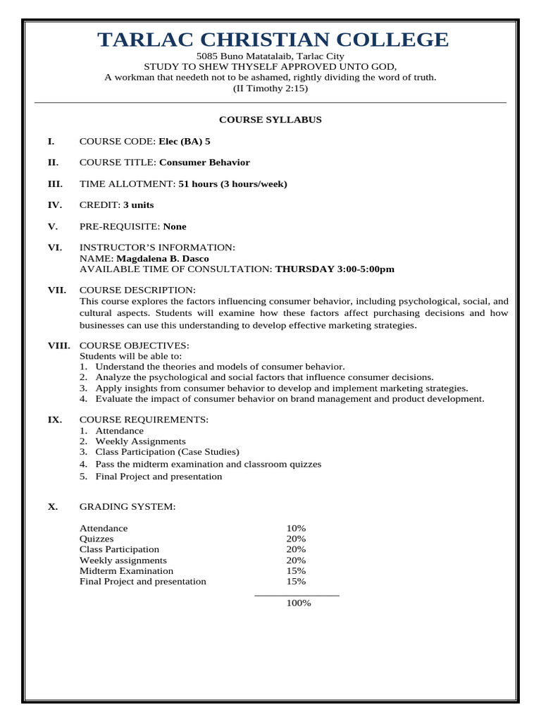 Consumer Behavior Course Syllabus | PDF | Behavior | Consumer Behaviour