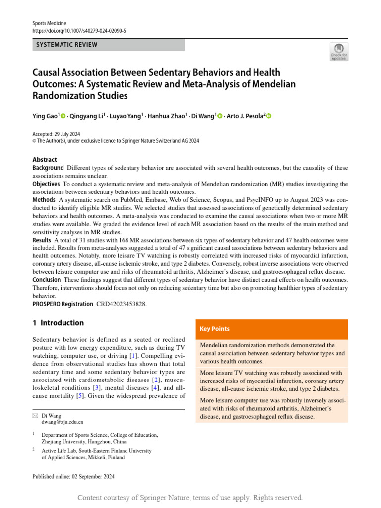 Causal Association Between Sedentary Behaviors and Health (Gao Et Al., 2024) | PDF | Single ...