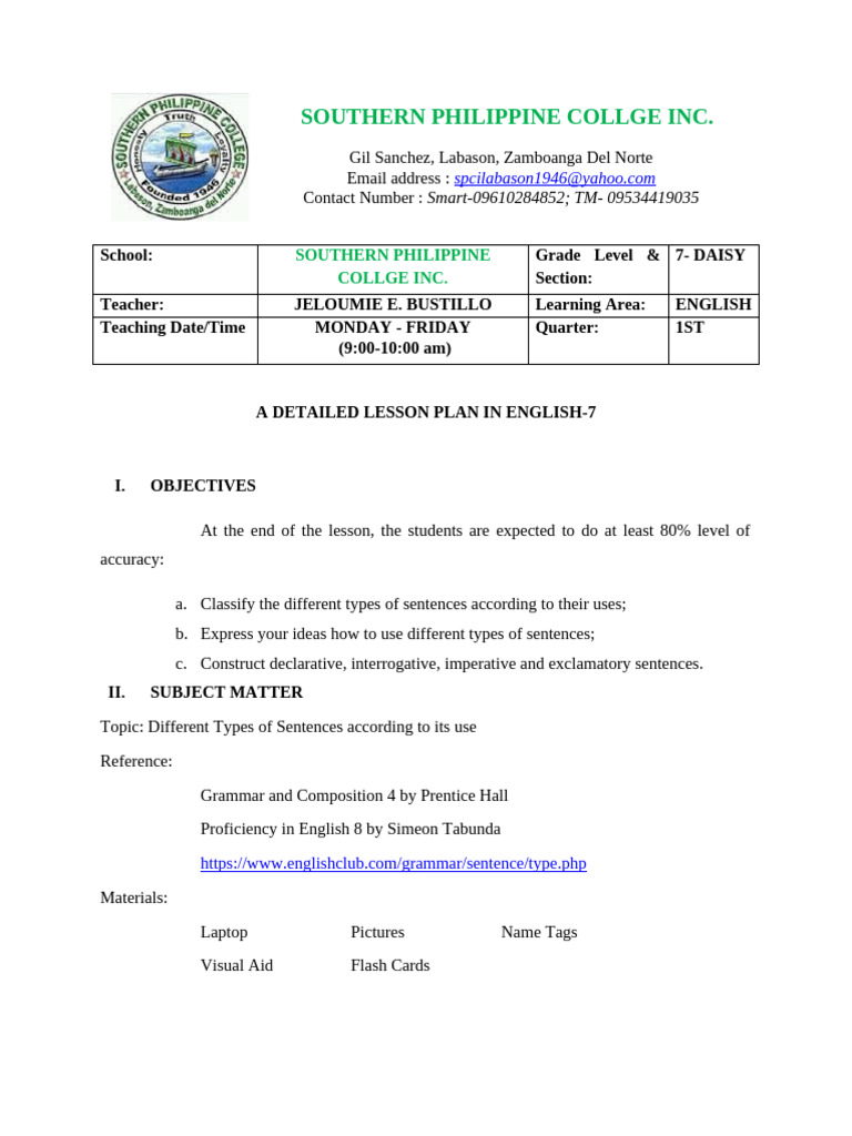 JELOUMIE BUSTILLO - BSED-3 - ENGLISH - 7e's DETAILED LESSON PLAN - GRAMMAR | PDF