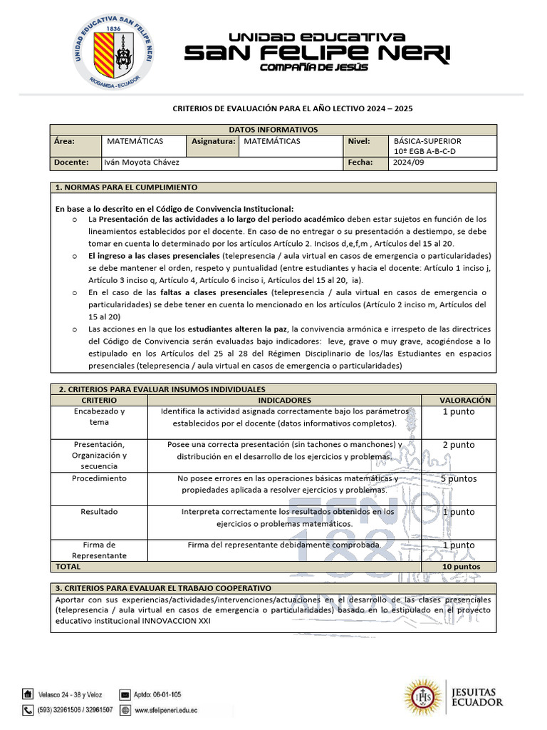 10egb - Criterios de Evaluaci-N - Matematicas 24-25 | PDF
