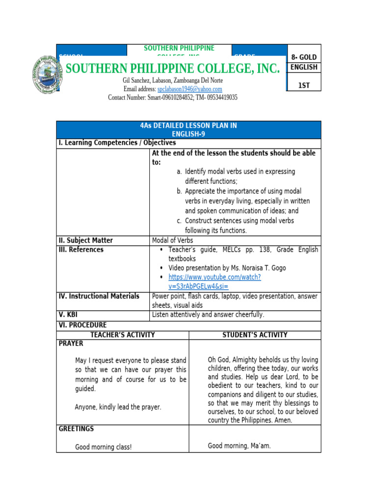 Modal Verbs-Detailed Lesson Plan - Jeloumie Bustillo | PDF