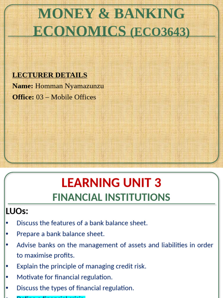 Money - Banking Economics - LU3 - FINANCIAL INSTITUTIONS | PDF