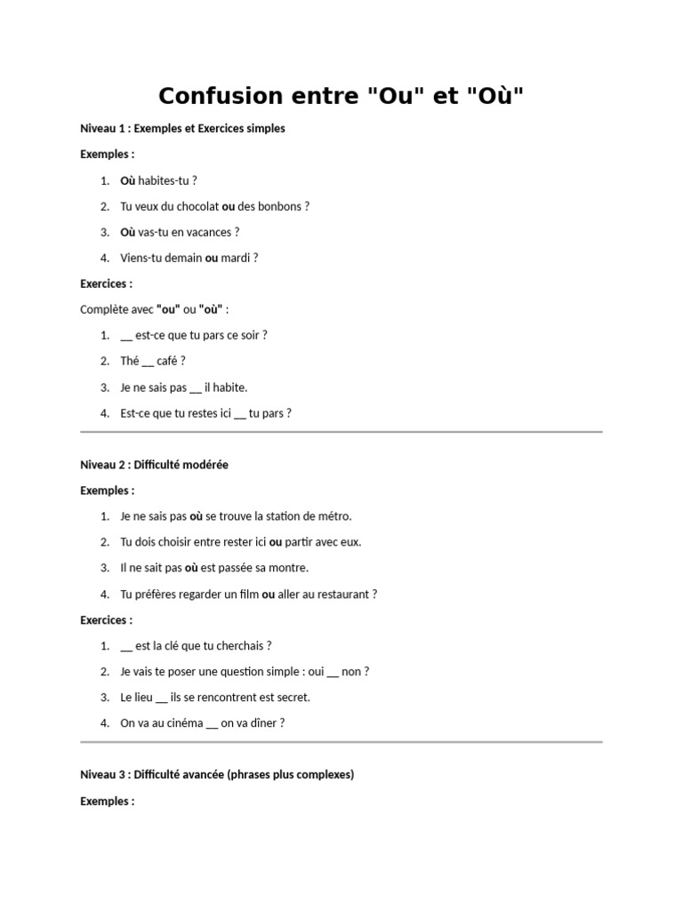 Exercise - Confusion Entre 'Où' Et 'Ou' | PDF