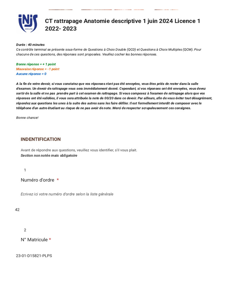 CT Rattrapage Anatomie Descriptive 1 Juin 2024 Licence 1 2022 - 2023 | PDF
