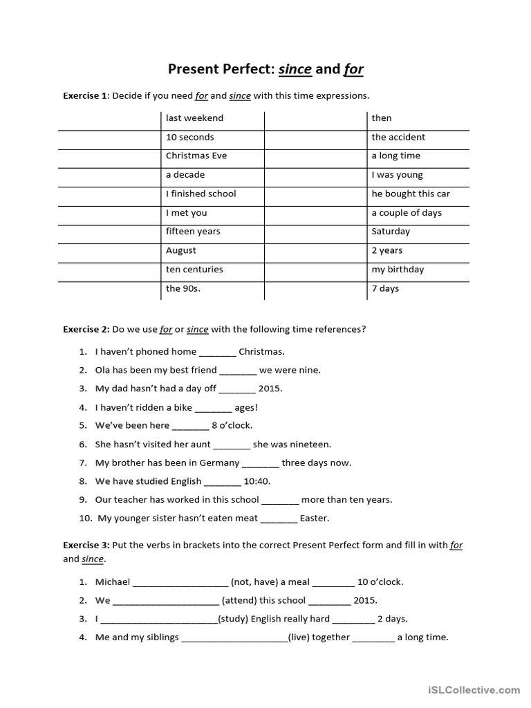 Present Perfect Tense - Since - For | PDF