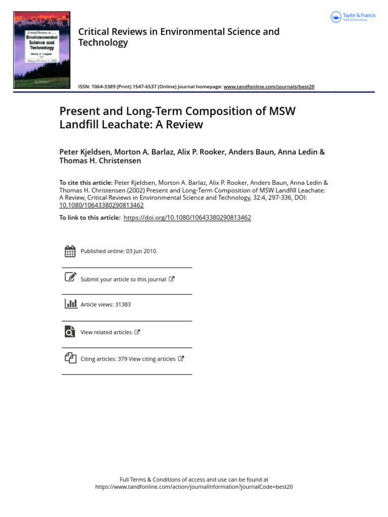 Present and Long-Term Composition of MSW Landfill Leachate A Review | PDF