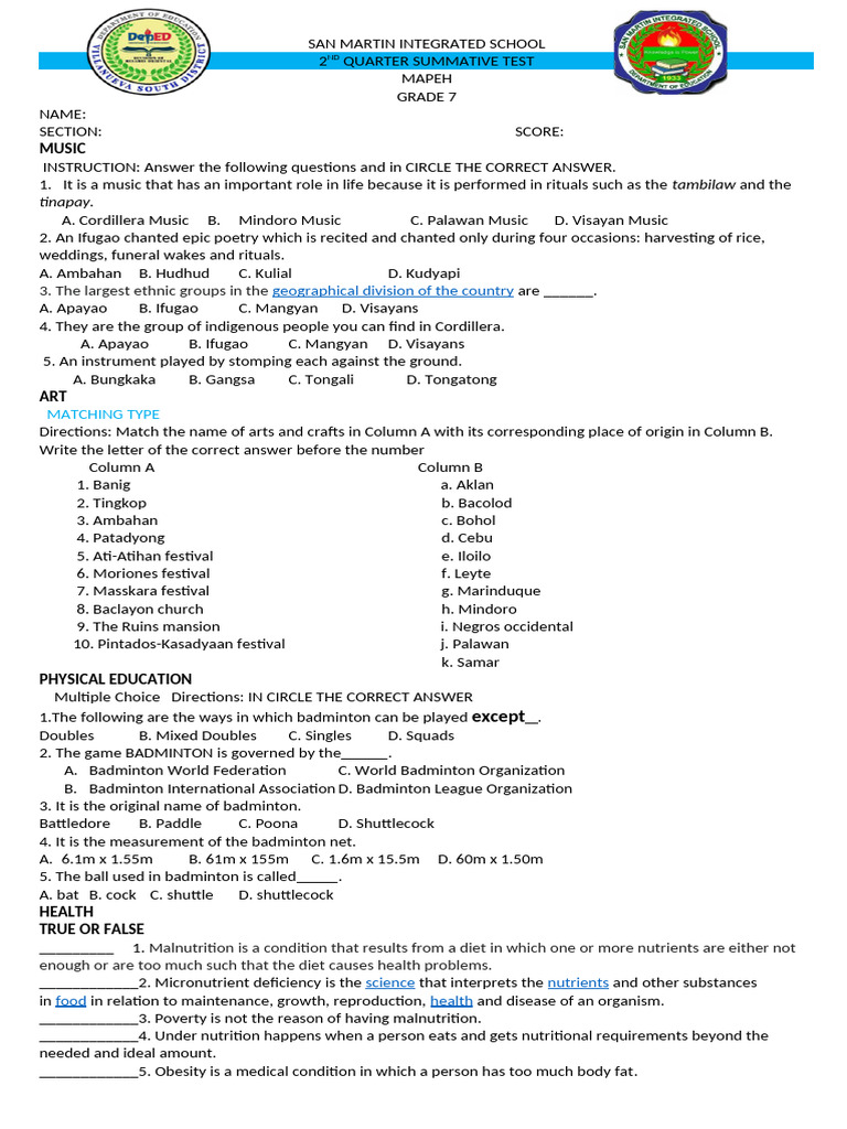 2ND Quarter Summative Test Grade 7 | PDF