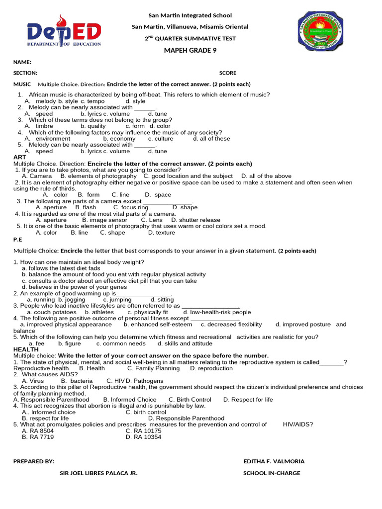 2ND Quarter Summative Test Grade 10 | PDF
