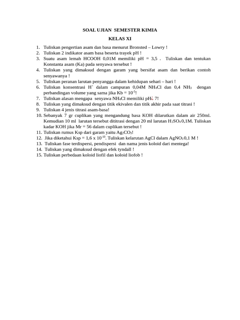 SOAL UJIAN SEMESTER KIMIA XI | PDF SOAL UJIAN SEMESTER KIMIA XI | PDF