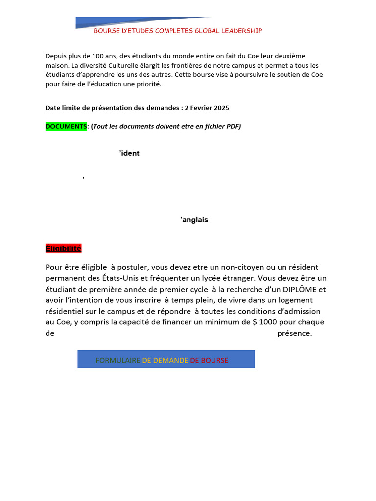 Formulaire de La Demande de Bourse | PDF