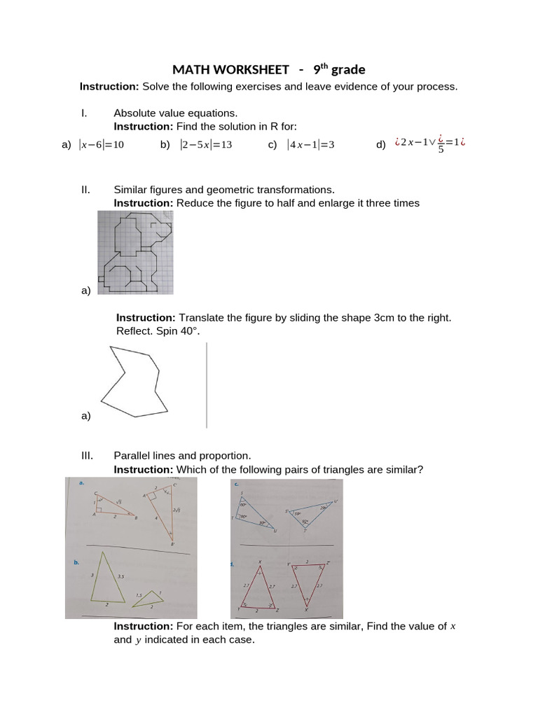 Math Worksheet - 9th Grade | PDF