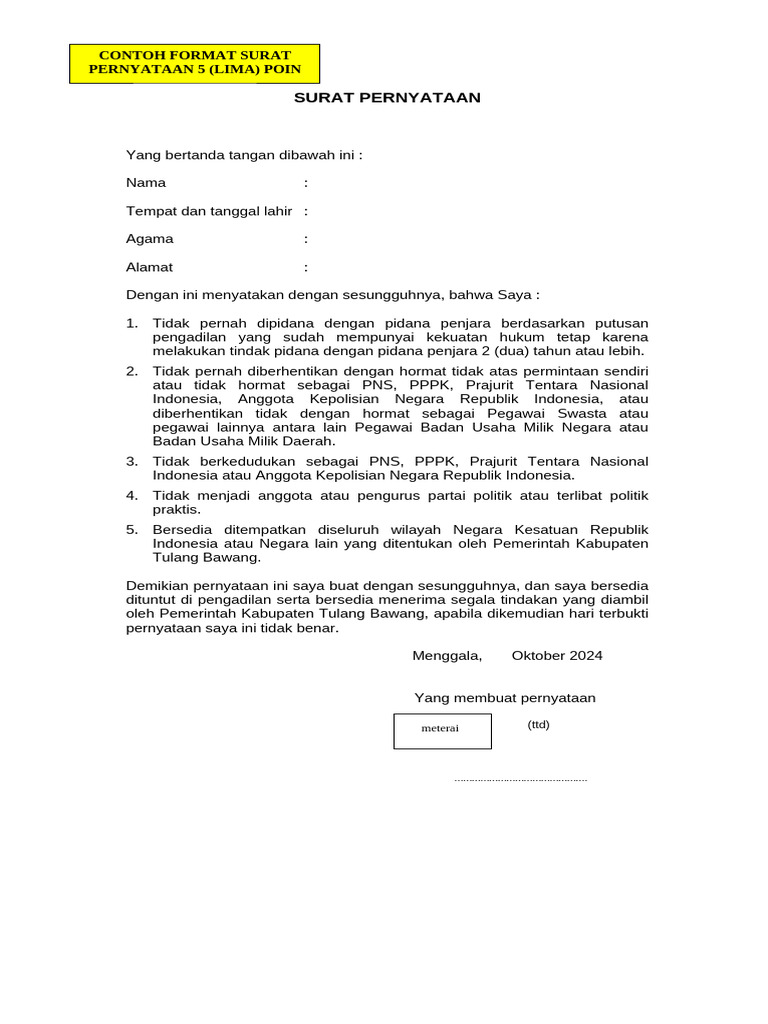 Contoh Format Surat Pernyataan 5 Poin | PDF