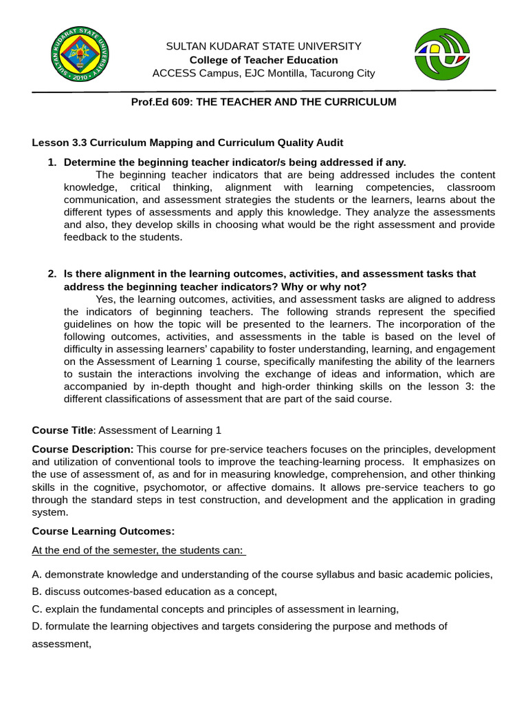Prof - Ed 609 Curriculum Mapping - Group 3 | PDF | Educational Assessment | Career & Growth