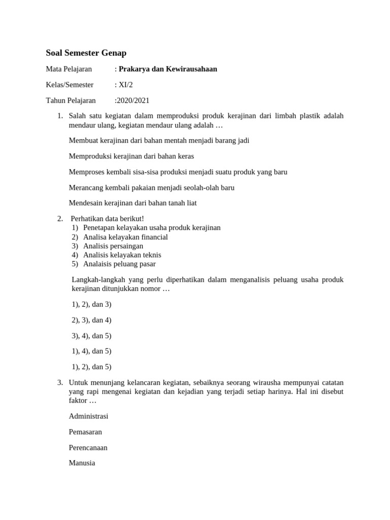 Soal Semester Genap Prakarya Kelas XI - Tp.2021 | PDF