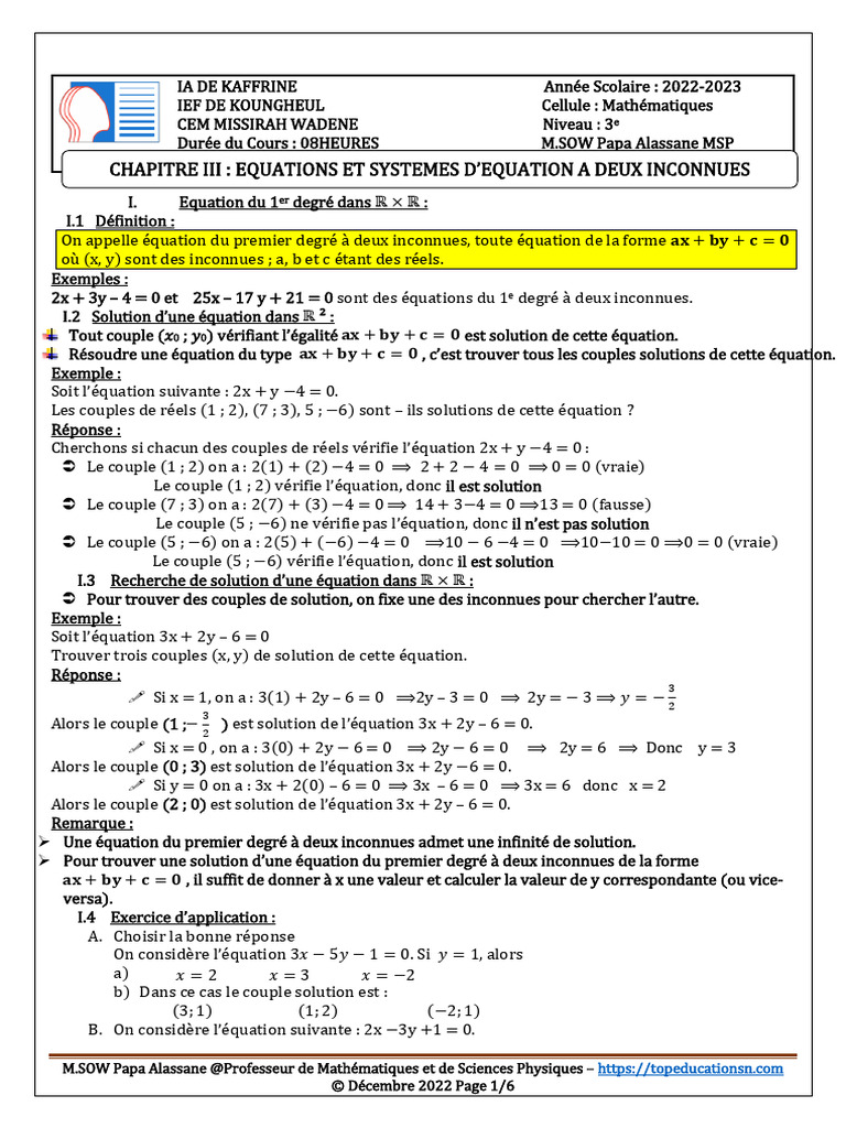Equation Et Systeme D Equation A Deux Inconnues | PDF